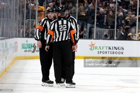 Referees Ghislain Hebert And Reid Anderson Discuss A Goal Disallowed News Photo Getty Images