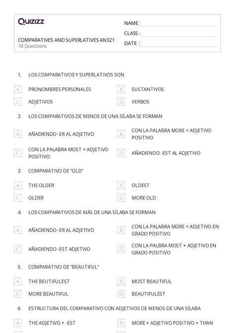 50 Comparativos Y Superlativos Hojas De Trabajo En Quizizz Gratis E