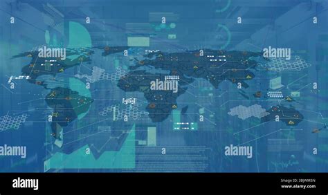 Displaying World Map Overlay Animating Within Server Room With Hexagonal Nodes And Warning