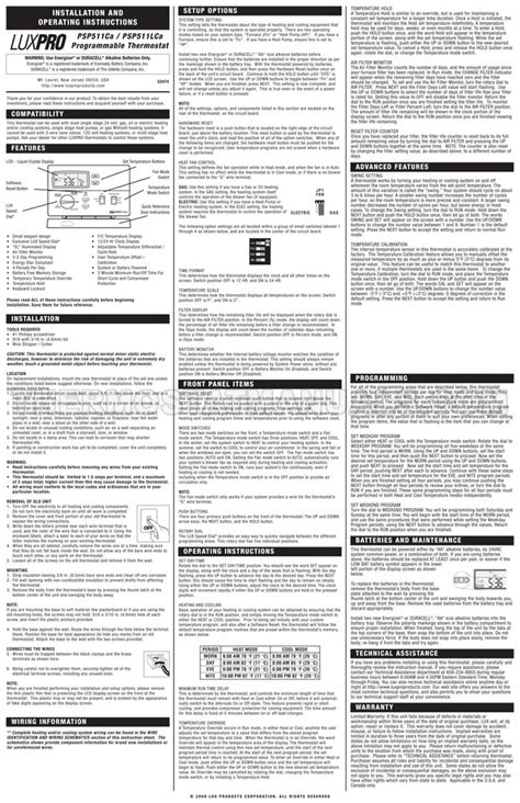 Lux Psp Ca Luxpro Installation And Operating Instructions