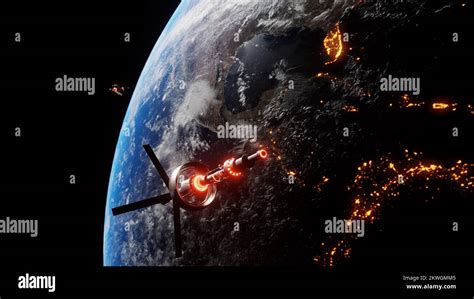 Science Space Ship Floating Above The Earth Among Stars During The