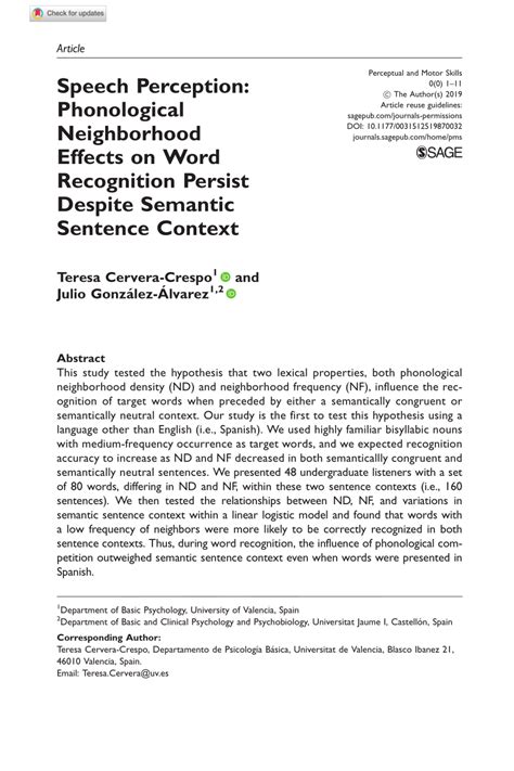Pdf Speech Perception Phonological Neighborhood Effects On Word