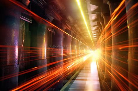 Glowing Particle Beams Inside The Accelerators Tunnel Stock