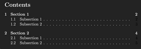 toc subsection page numbers different color from the rest of the text
