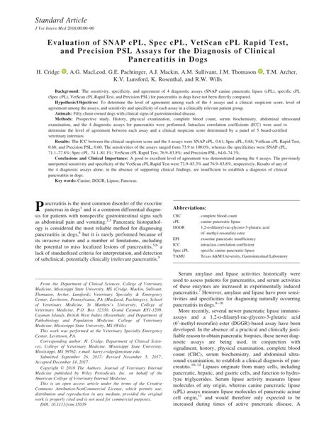 Pdf Evaluation Of Snap Cpl Spec Cpl Vetscan Cpl Rapid Test And Precision Psl Assays For The