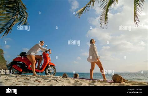 Scooter Road Trip Lovely Couple On Red Motorbike In White Clothes On