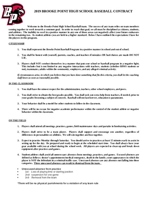 Plattsburgh High School Varsity Baseball Contract Doc Template Pdffiller