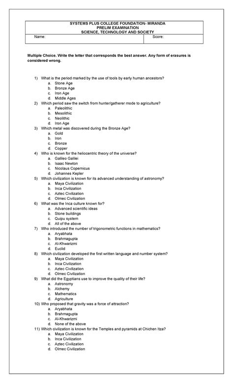 Prelim Exam Cst Multiple Choice Write The Letter That Corresponds The Best Answer Any Form