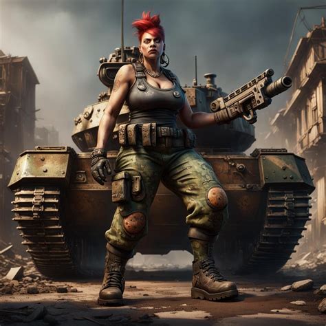 A Warhammer 40k Ogryn Woman With A Heavy Stubber In A Tank Top And Camo