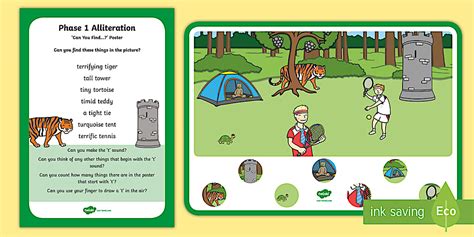 Phase 1 Phonics Alliteration T Can You Find Poster And Prompt Card
