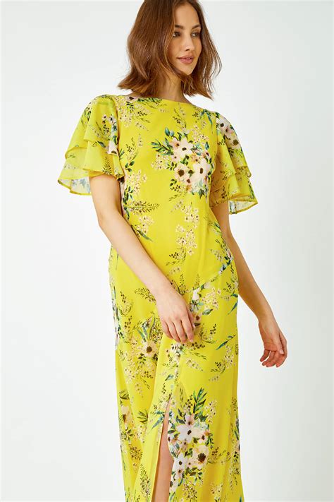 Yellow Floral Tiered Sleeve Maxi Dress Roman Uk