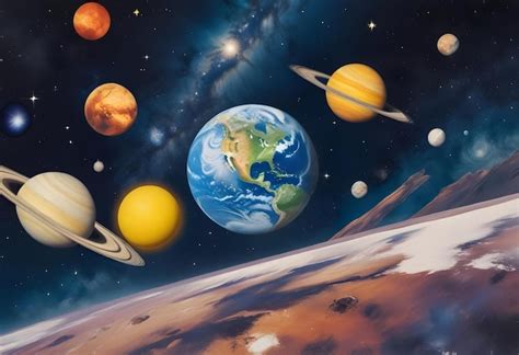 天文學 天文學 地球 外太空 太陽系 火星 星球 銀河系 漂浮在太陽系行星的背景下 Premium Ai Generated Image
