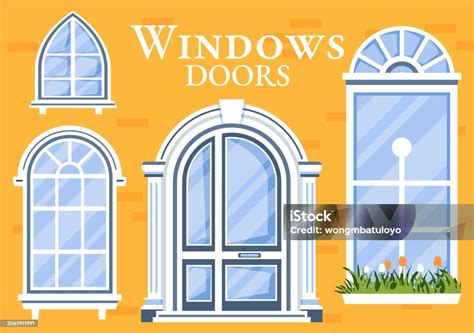 집 건축 벡터 일러스트 레이 션 문과 창문 다양한 모양 색상 및 크기 평면 만화 배경 0명에 대한 스톡 벡터 아트 및 기타 이미지 0명 가구 건물 정면 Istock