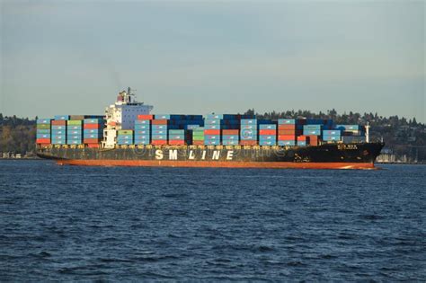 Sm Line Container Ship Qingdao Crossing Elliott Bay With Name On Ship