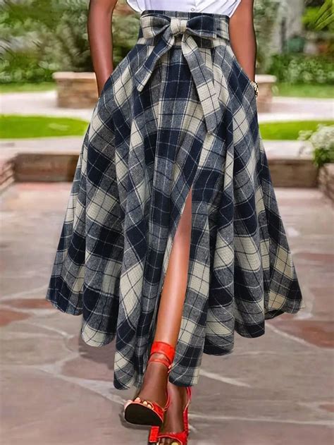Gonna Lunga Elegante A Vita Alta A Quadri Con Fiocco Decorativo E Fondo
