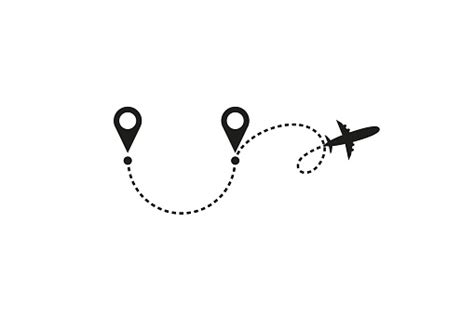 관광 및 여행 개념 흰색 배경에 비행기 라인 경로입니다 대시 선 추적 시작 점 및 전송 지점이있는 항공 평면 비행 경로의 벡터 아이콘입니다 벡터 일러스트레이션 가리키기에