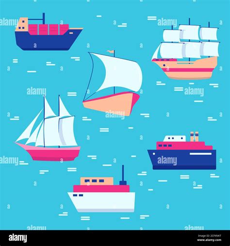 Ships And Boats Icons Collection In Flat Style Sea Transportation