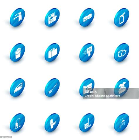 세트 세탁기와 티셔츠 스폰지 액체 식기 세척액용 플라스틱 병 거품 거품이 있는 양동이 전기 다리미 화장지 롤 설거지 및 청소 서비스 아이콘 벡터 3차원 형태에 대한 스톡