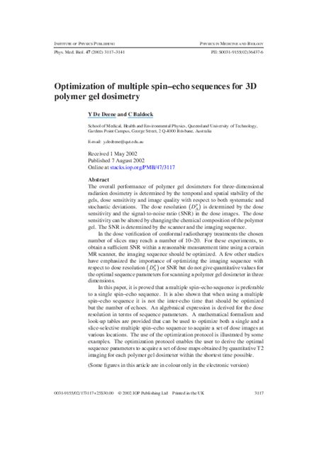 Pdf Optimization Of Multiple Spin Echo Sequences For 3d Polymer Gel