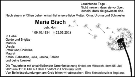 Traueranzeigen Von Maria Bisch Vrm Trauerde