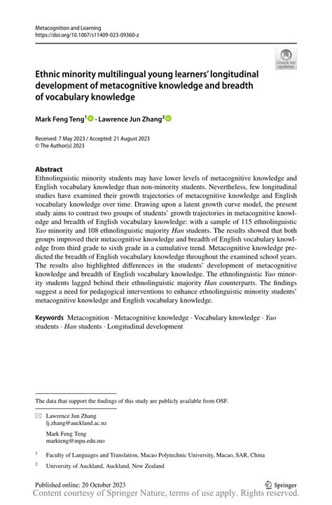 Pdf Ethnic Minority Multilingual Young Learners Longitudinal Development Of Metacognitive
