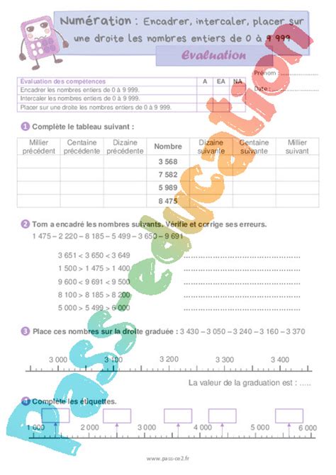 Encadrer intercaler placer sur une droite les nombres entiers de 0 à