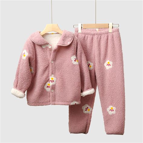 儿童睡衣家居服套装男童女童杨梅绒娃娃领睡裤起居服冬款童装虎窝淘