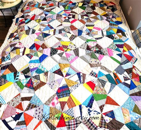 Vintage Patchwork Quilt With Octagon Pattern Homemade Farmhouse Quilt