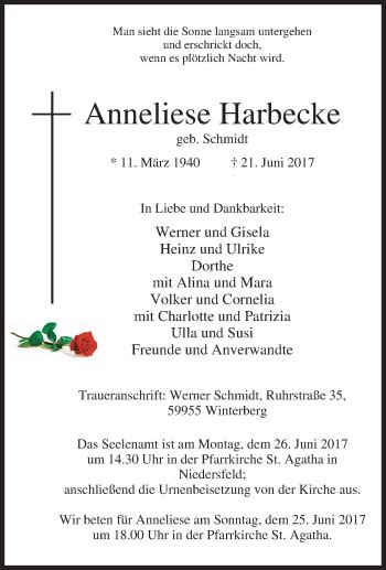 Traueranzeigen Von Anneliese Harbecke Trauer In Nrwde