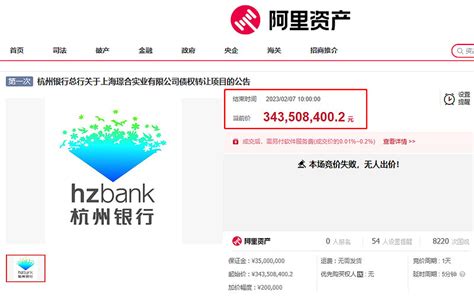 杭州银行14亿元债权转让项目流拍 关注类贷款迁徙率上升 2月7日 阿里 法拍平台显示 杭州银行 总行关于上海璟合实业有限公司债权转让项目