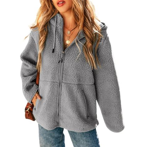 Shewin Womens Sherpa Jackets Fuzzy Hooded Zip Up Coats Casual Solid