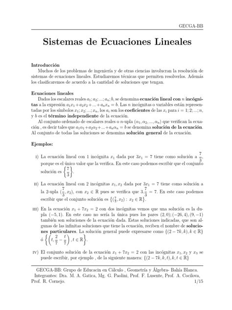 Sistemas De Ecuaciones Lineales 1 2 N 1 1 2 2 N N 1 2 N I I Pdf