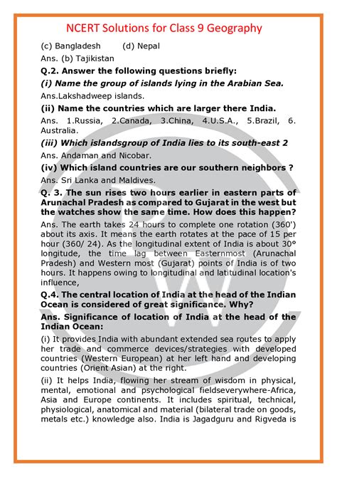 Ncert Solutions For Class 9 Geography Chapter 1 Indiasize And Location