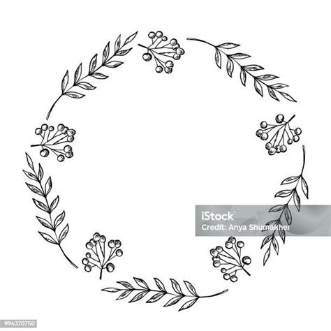 흑백 베리와 흰색 배경에 잎 원형 프레임 낙서 잎의 화 환입니다 디자인 엽서 인쇄 준비 템플릿입니다 0명에 대한 스톡 벡터 아트 및 기타 이미지 Istock