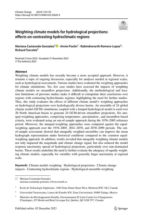 Pdf Weighting Climate Models For Hydrological Projections Effects On Contrasting
