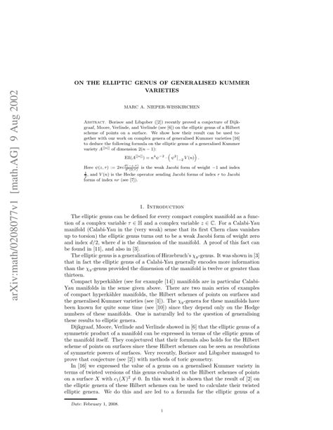 Pdf On The Elliptic Genus Of Generalised Kummer Varieties