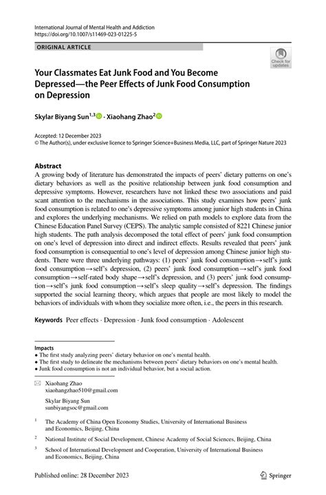 Pdf Your Classmates Eat Junk Food And You Become Depressed—the Peer