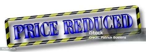 스톡 일러스트큰 금속 파란색 텍스트 가격 감소 노란색과 검은색 스트라이프 프레임 하 고 각도 3d 그림 흰색 배경에 고립 아래에 배치 0명에 대한 스톡 사진 및 기타 이미지