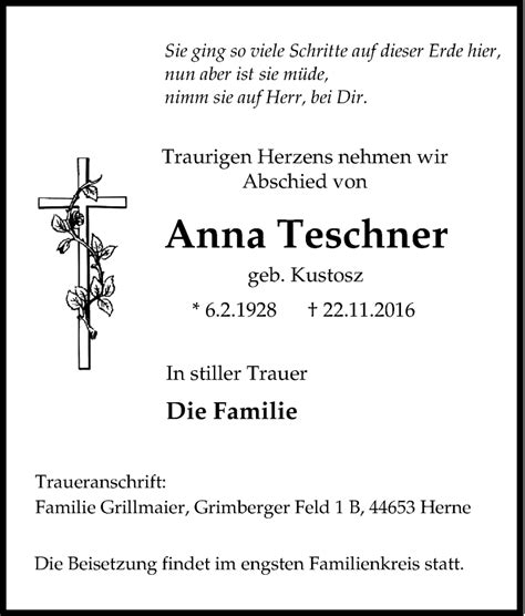 Traueranzeigen Von Anna Teschner Trauer In Nrw De
