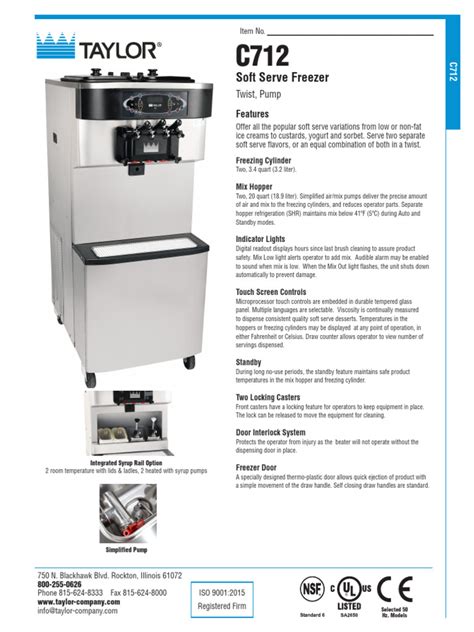 Taylor C712 Softservefreezer Specsheet 1 Pdf Refrigerator Manufactured Goods