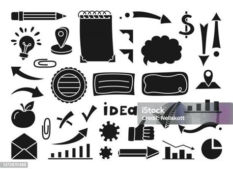 소셜 미디어 스텐실 스탬프 세트 회사 그래프 차트 글리프 아이콘 비즈니스 연구 창의력 워크 프레스 개체 그룹에 대한 스톡 벡터