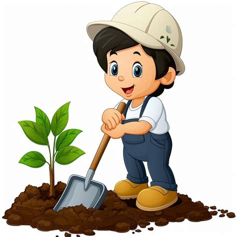 Niño De Dibujos Animados Jardinero Con Una Pala Foto Premium