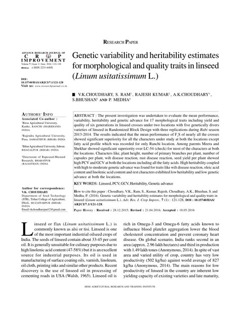 Pdf Genetic Variability And Heritability Estimates For Morphological And Quality Traits In