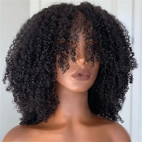 Afro Kinky Curly Human Hair Wig With Bangs Full Machine Made Scalp Top