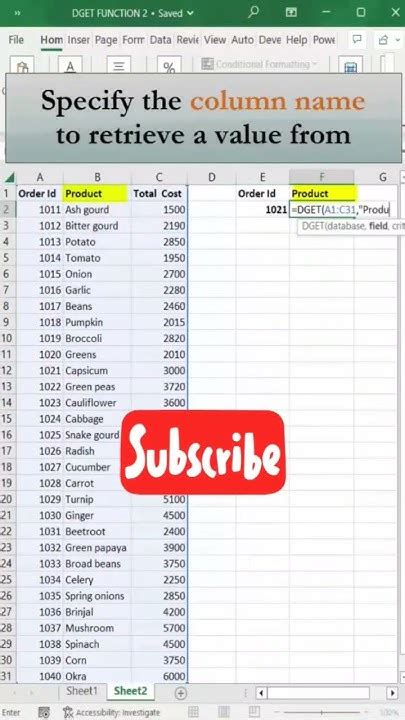 Extract A Column Value Using Dget Function In Excel Excel Sql Javascript Shorts Shortvideo