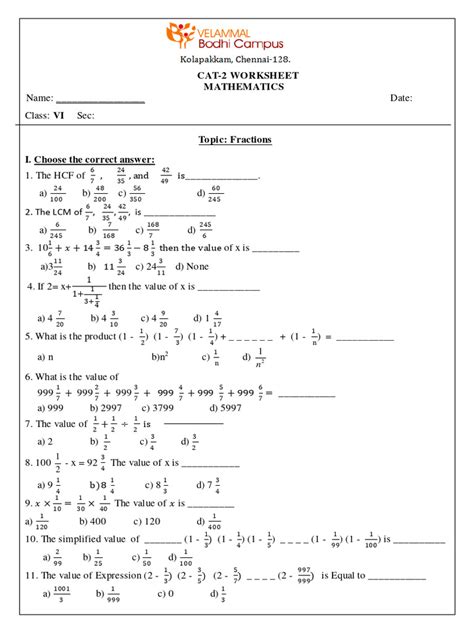 Vi Fractions Work Sheet 1 Pdf Mathematics Arithmetic