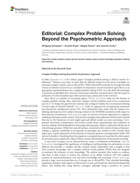 Pdf Editorial Complex Problem Solving Beyond The Psychometric Approach