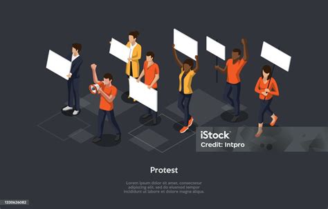 어두운 배경에 대한 등색 구성 만화 스타일의 벡터 3d 일러스트레이션 항의 개념 배너를 걷는 사람들의 그룹 표지판을 보여주는 활동가의 군중 스피커와 사람 플래카드에 대한