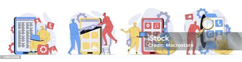 웹용 플랫 디자인으로 설정된 앱 개발 개념입니다 사람들이 모바일 레이아웃을 프로그래밍하고 코딩하고 앱 버튼과 요소를 배치하고