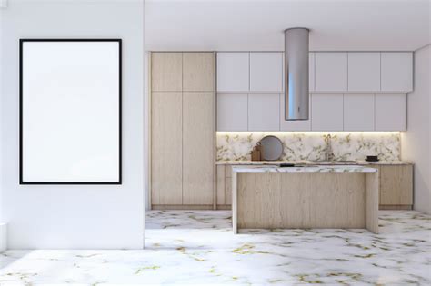 목재 가구와 빈 흰색 모의 포스터와 현대적인 대리석 부엌 인테리어 3d 렌더링 부엌에 대한 스톡 사진 및 기타 이미지 부엌 호화로움 0명 Istock